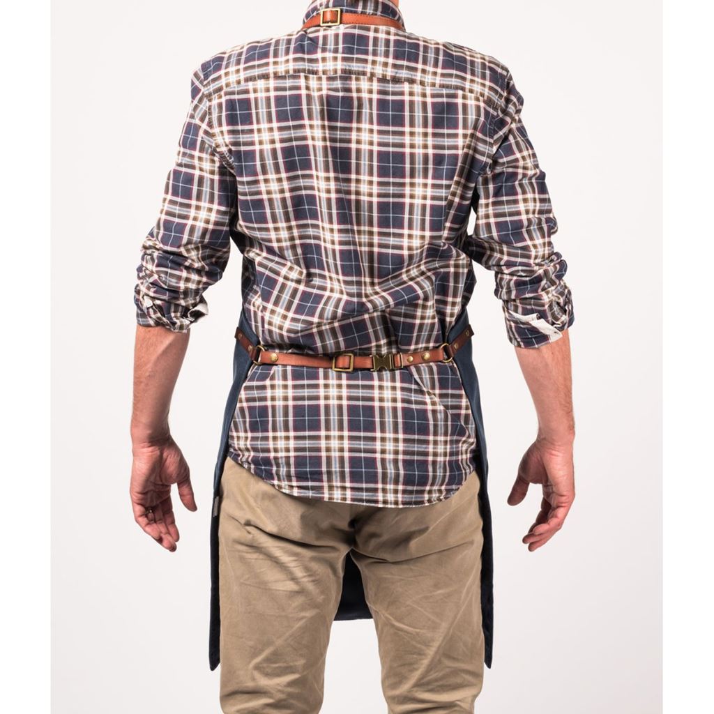 Apron Nº 547 – Full-grain leather & waxed canvas. Duck blue color